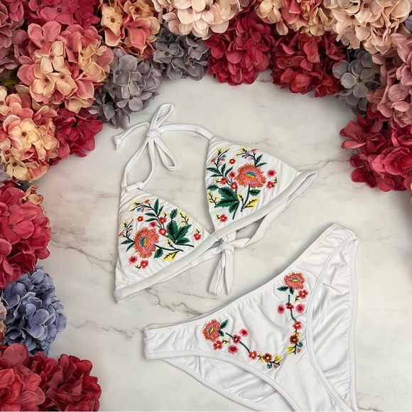 Swim | Sexy White Floral Embroidered Triangle Bikini | Poshmark